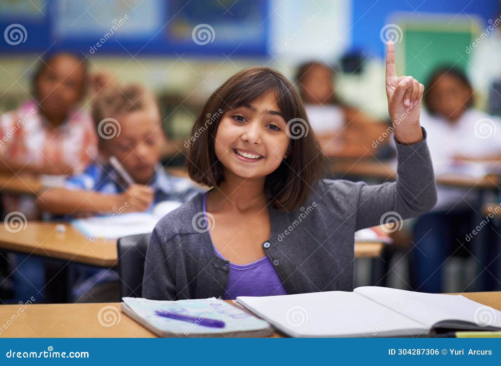 Students, Portrait and Raise Hand in Class, Elementary School and Ask ...