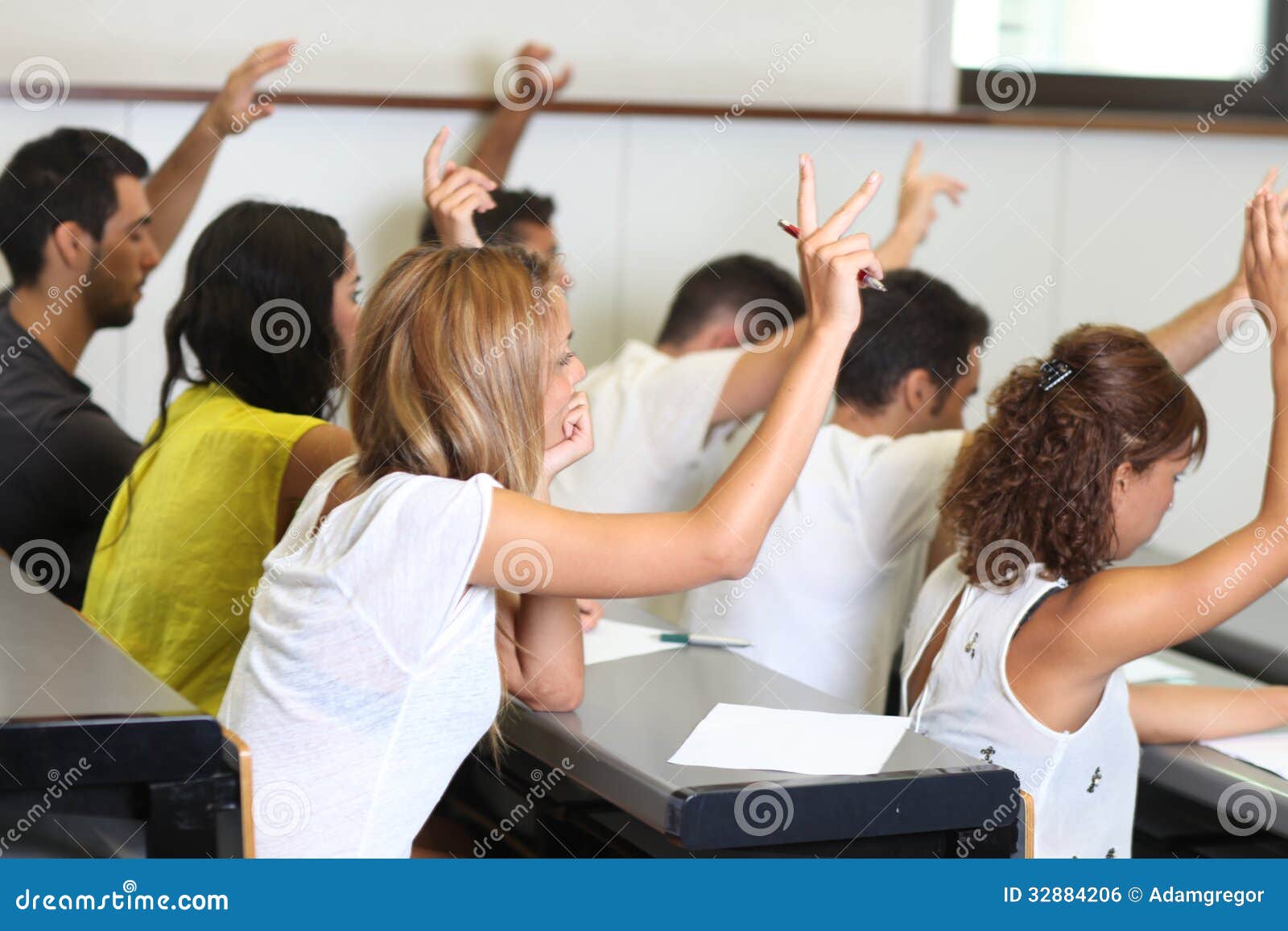 Students Put Hand Up in Class Room Stock Photo - Image of laptop ...