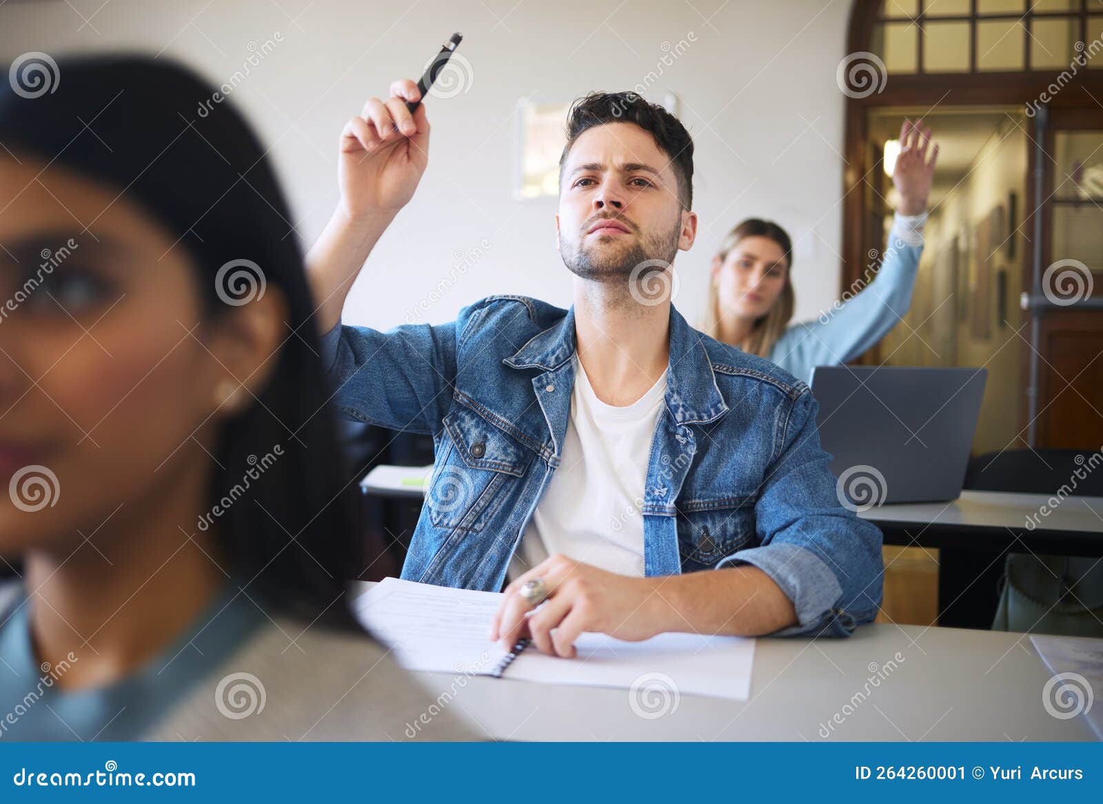 Students Question, Hand Raise and Classroom for Learning, Education or ...