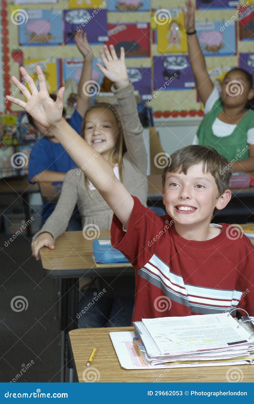 Students Raising Hands in Classroom Stock Image - Image of class, file ...