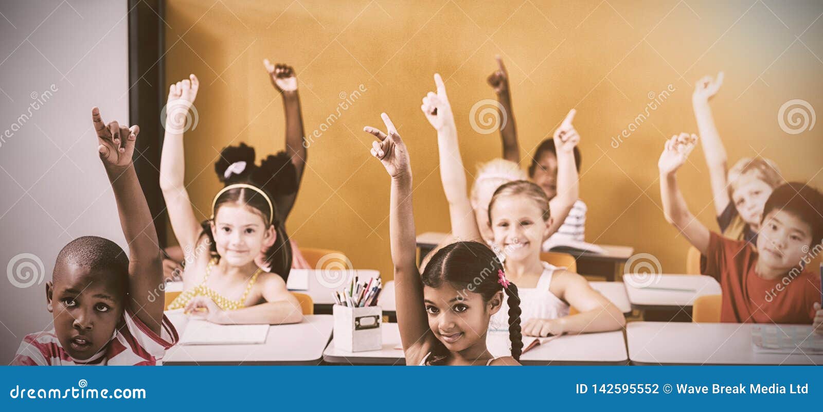 Students Raising Hands in Classroom Stock Photo - Image of learning ...