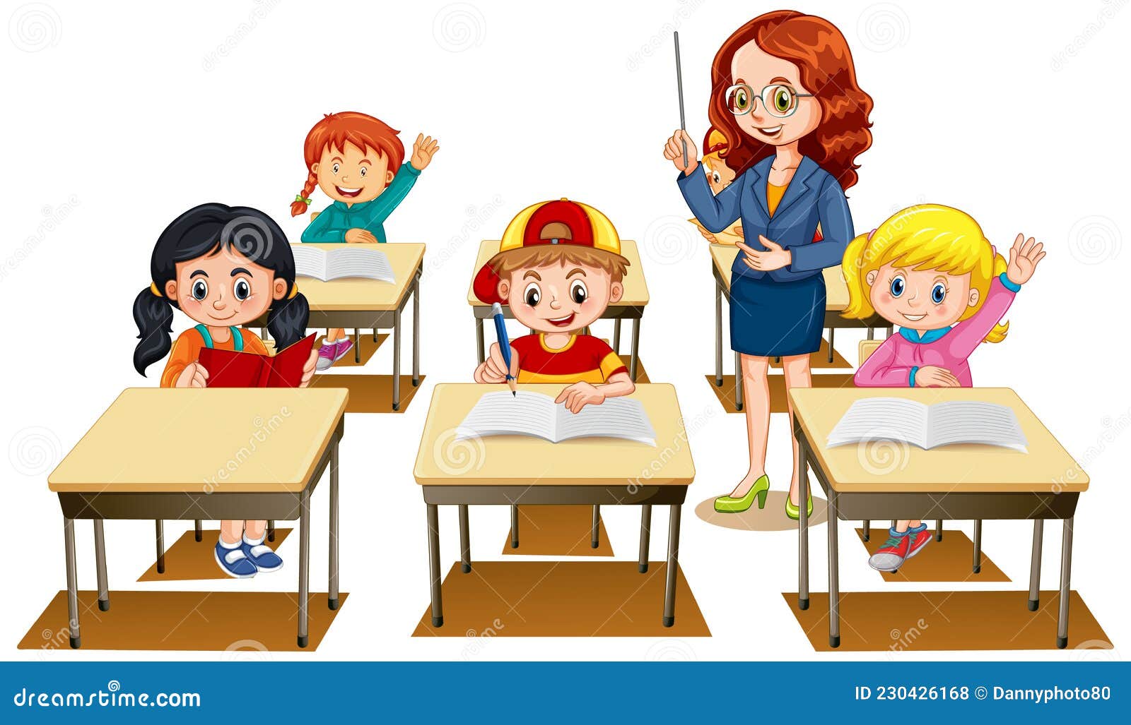 Students Raising Their Hands with a Teacher on White Background Stock ...