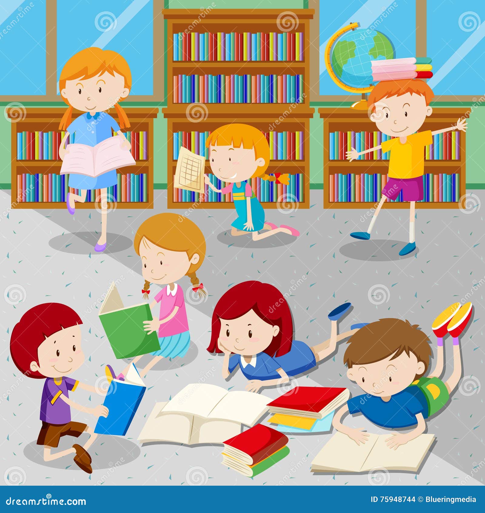 Students Reading Books in Library Stock Vector - Illustration of school ...