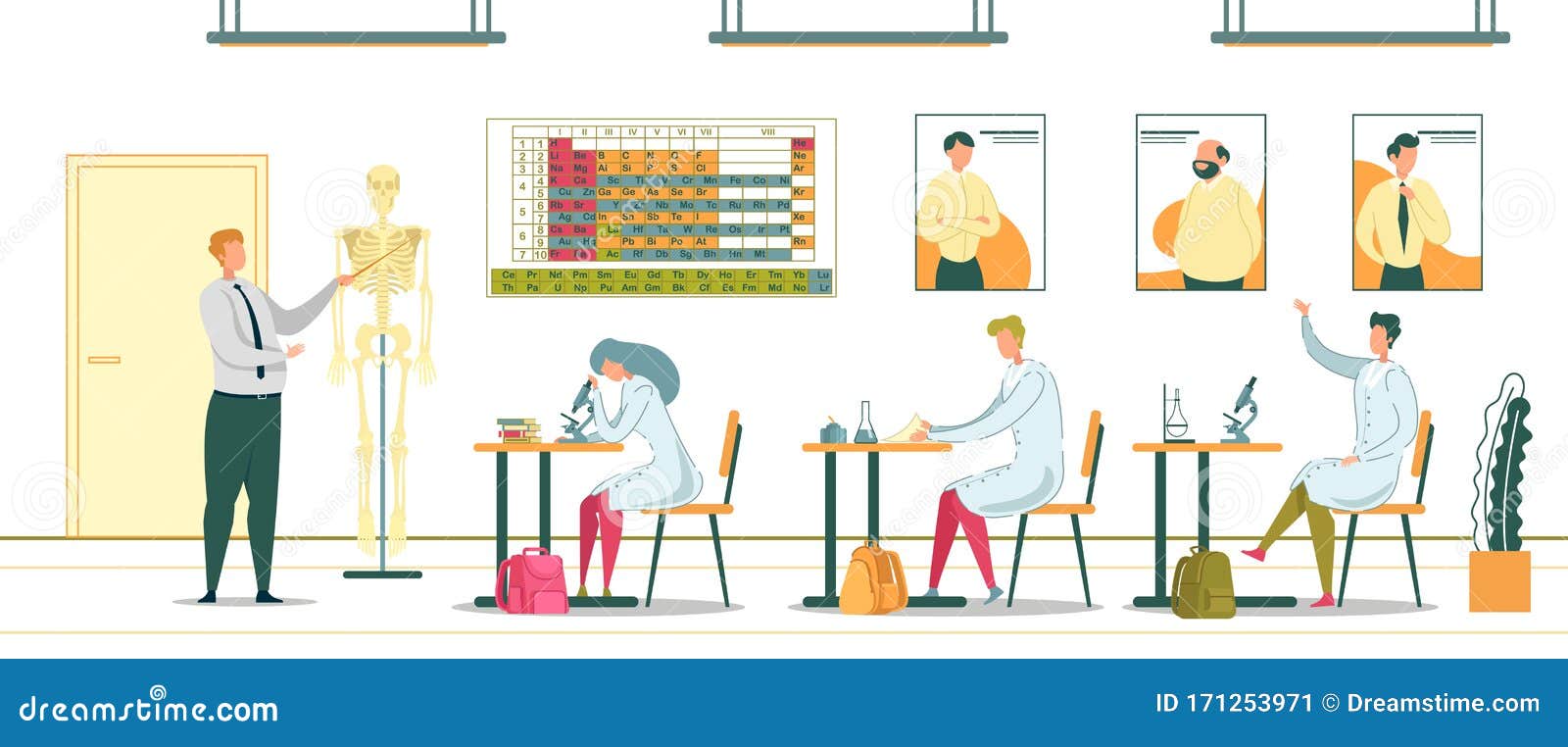 Students in Robe Sitting at Desks with Microscope. Stock Vector ...