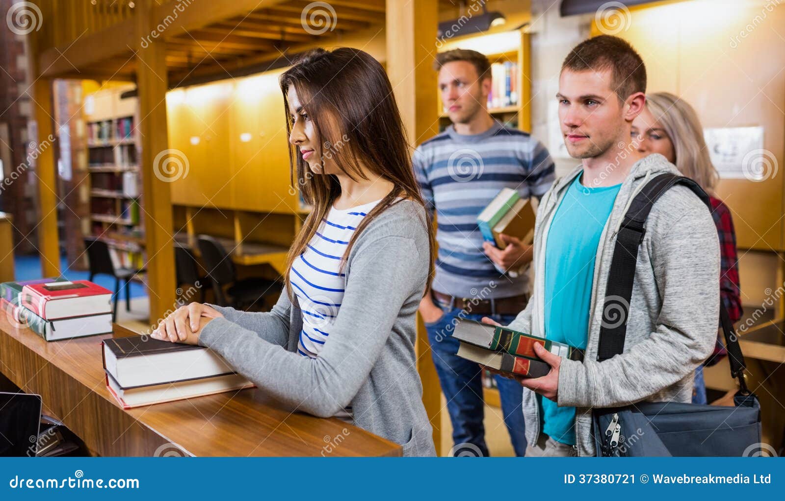 Students in a Row at the Library Counter Stock Image - Image of study ...