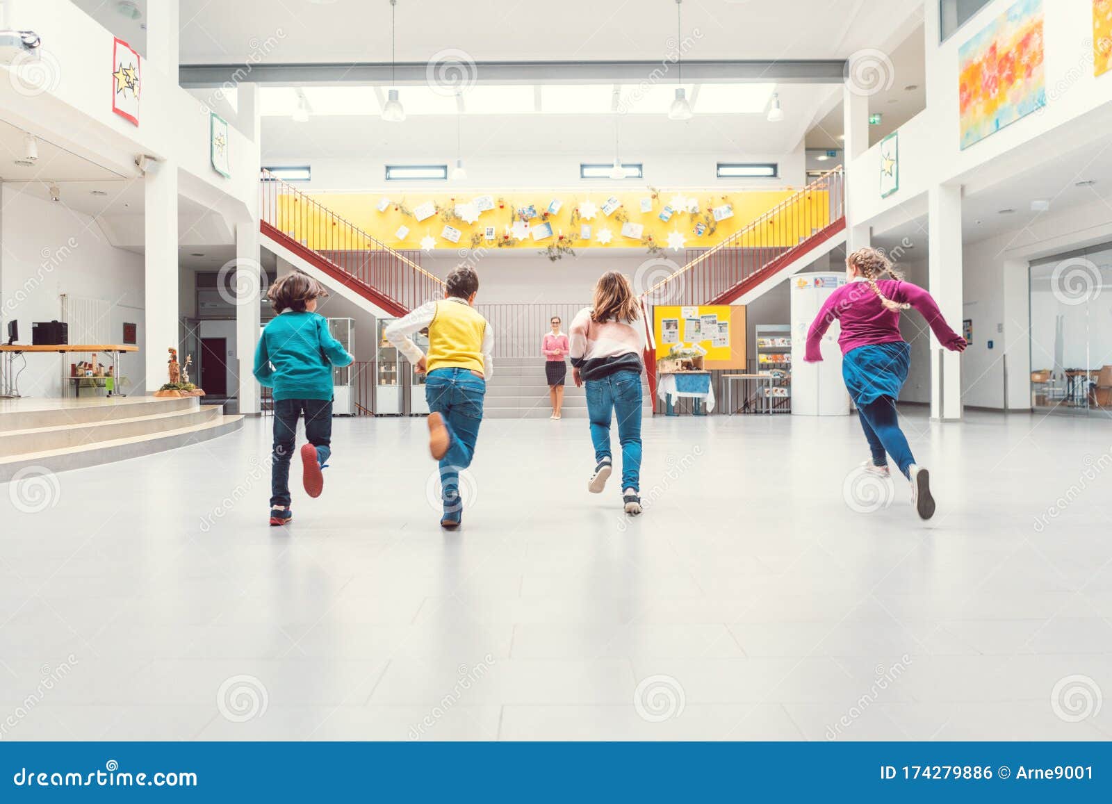 Students Running To Their Classes in School Main Hall Stock Photo ...