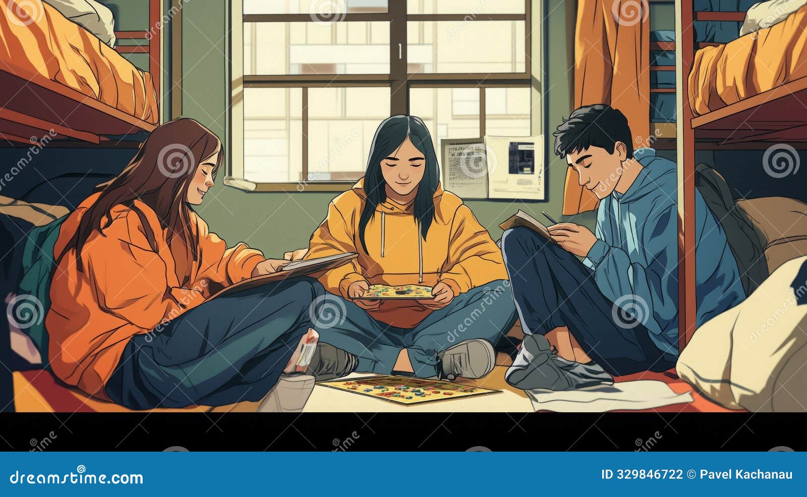 Students Dormitory Interior Flat Colorful Poster With Bunk Bed With ...