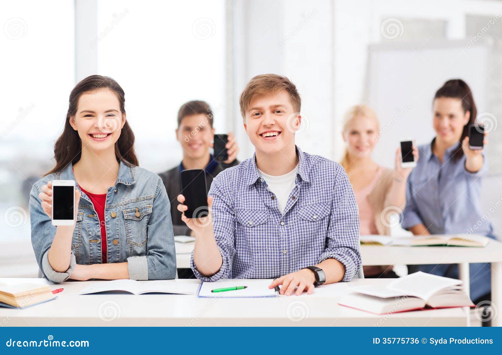 Students Showing Black Blank Smartphone Screens Stock Photo - Image of ...