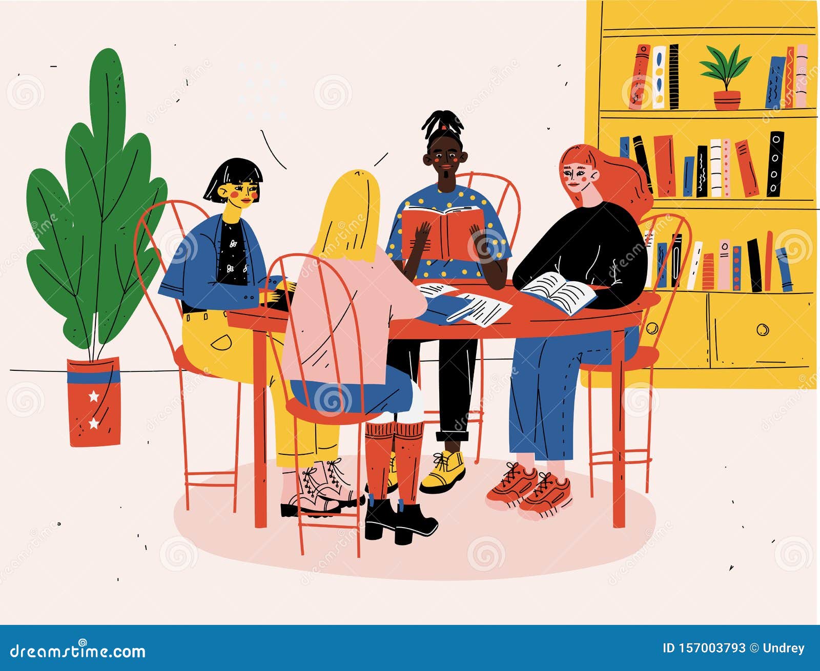 Students Sitting Together at Table with Books and Studying Stock Vector ...