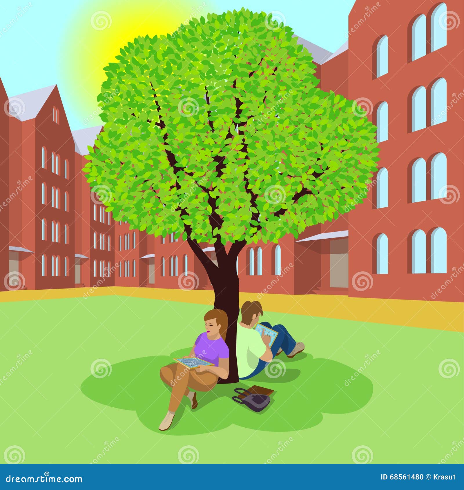 Students Sitting Under The Tree And Using The Tablets. Vector ...