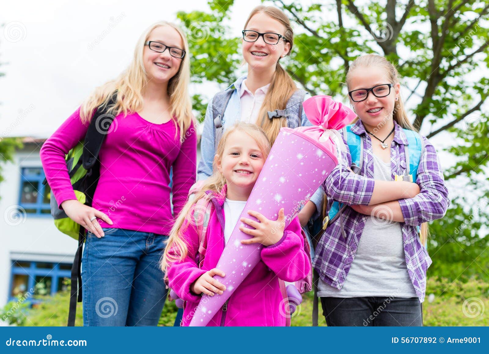 Students Standing in Front of School Stock Photo - Image of schoolgirl ...