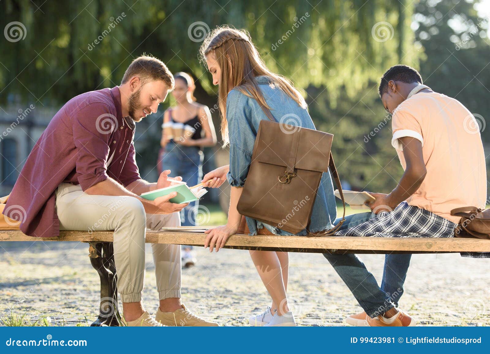 Students Studying on Bench in Park Stock Image - Image of education ...