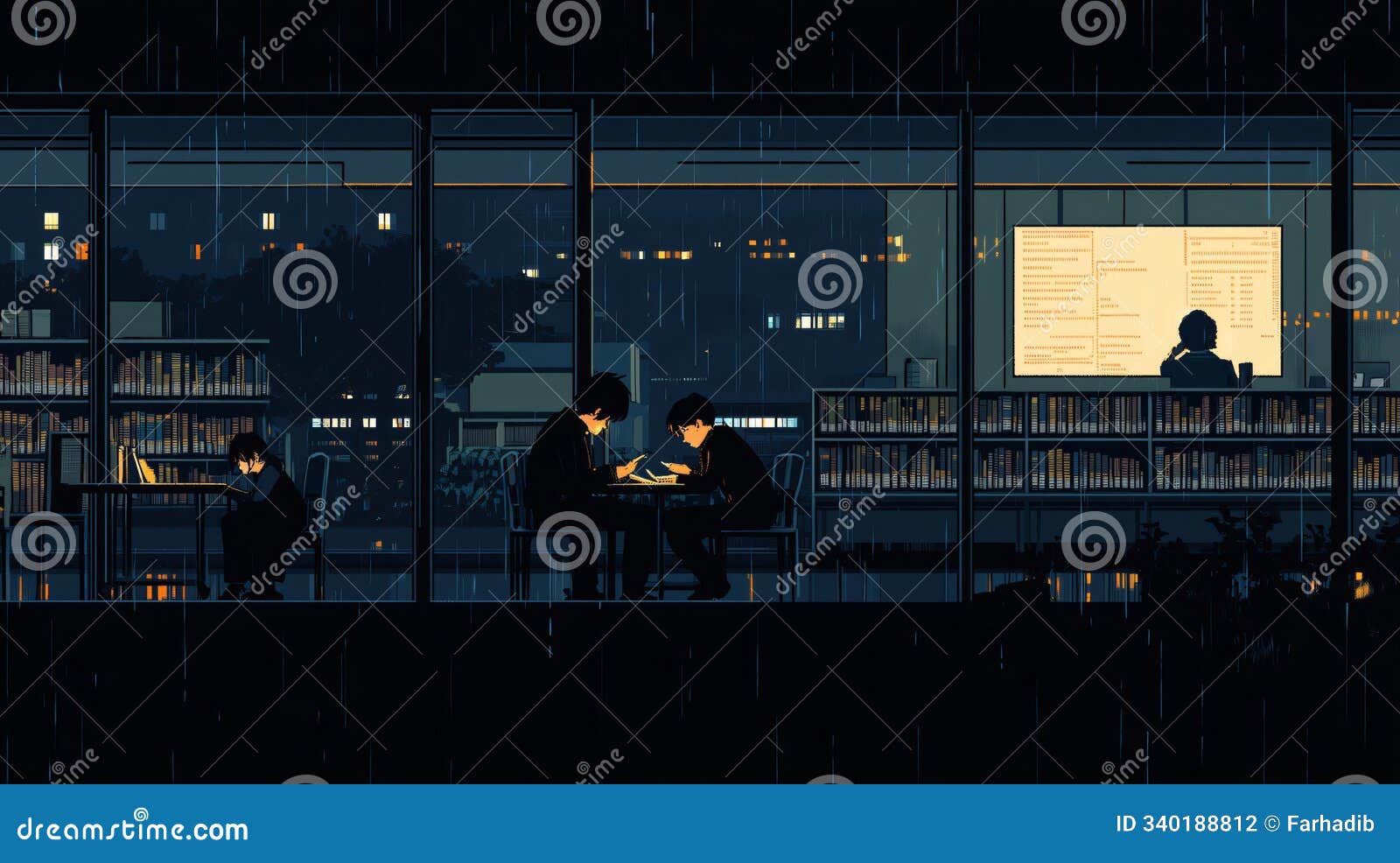 Students Studying in Library at Night, Pixel Art Illustration Stock ...