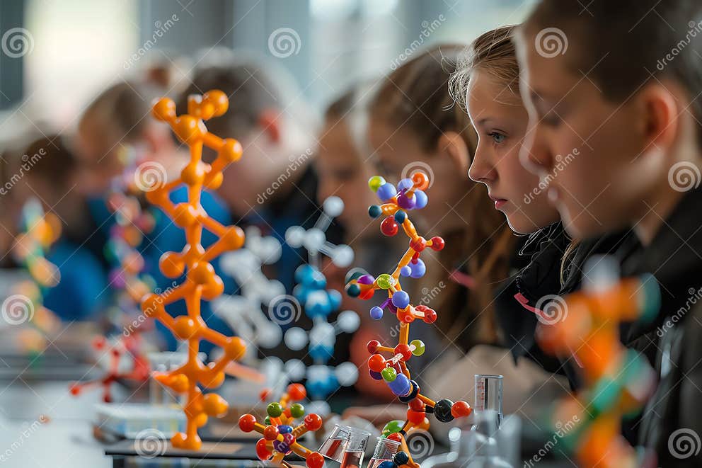 Students Studying Molecular Models in a Science Classroom, Focusing on ...