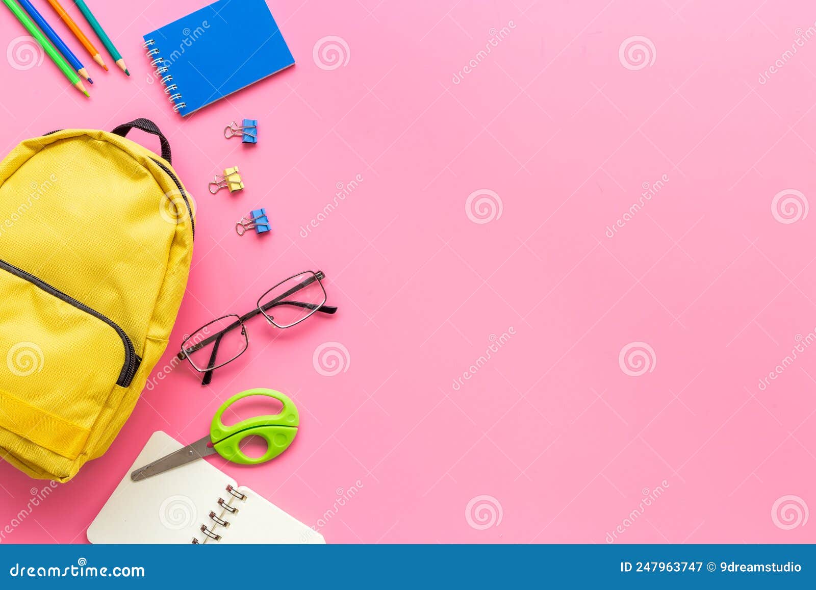 Students Supplies in Yellow School Backpack. Back To School Concept ...