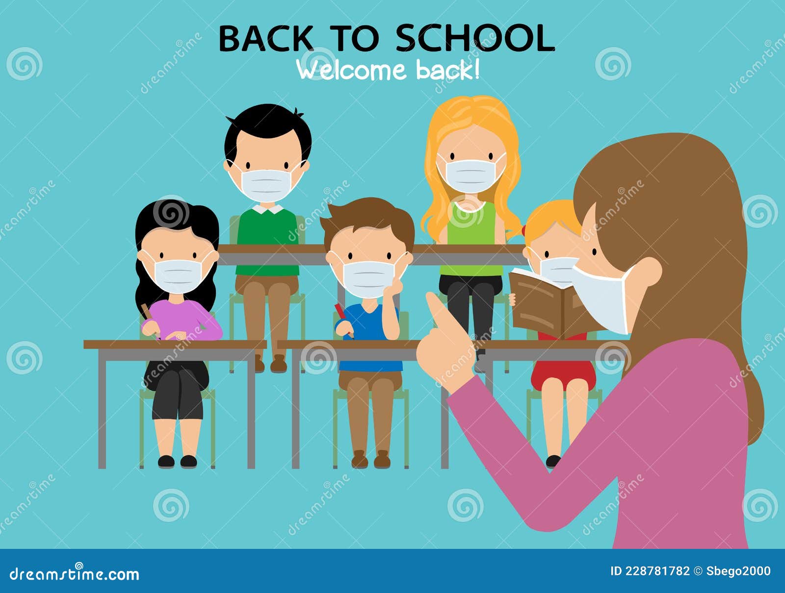 Students and Teacher with Face Masks in Class. Stock Vector ...