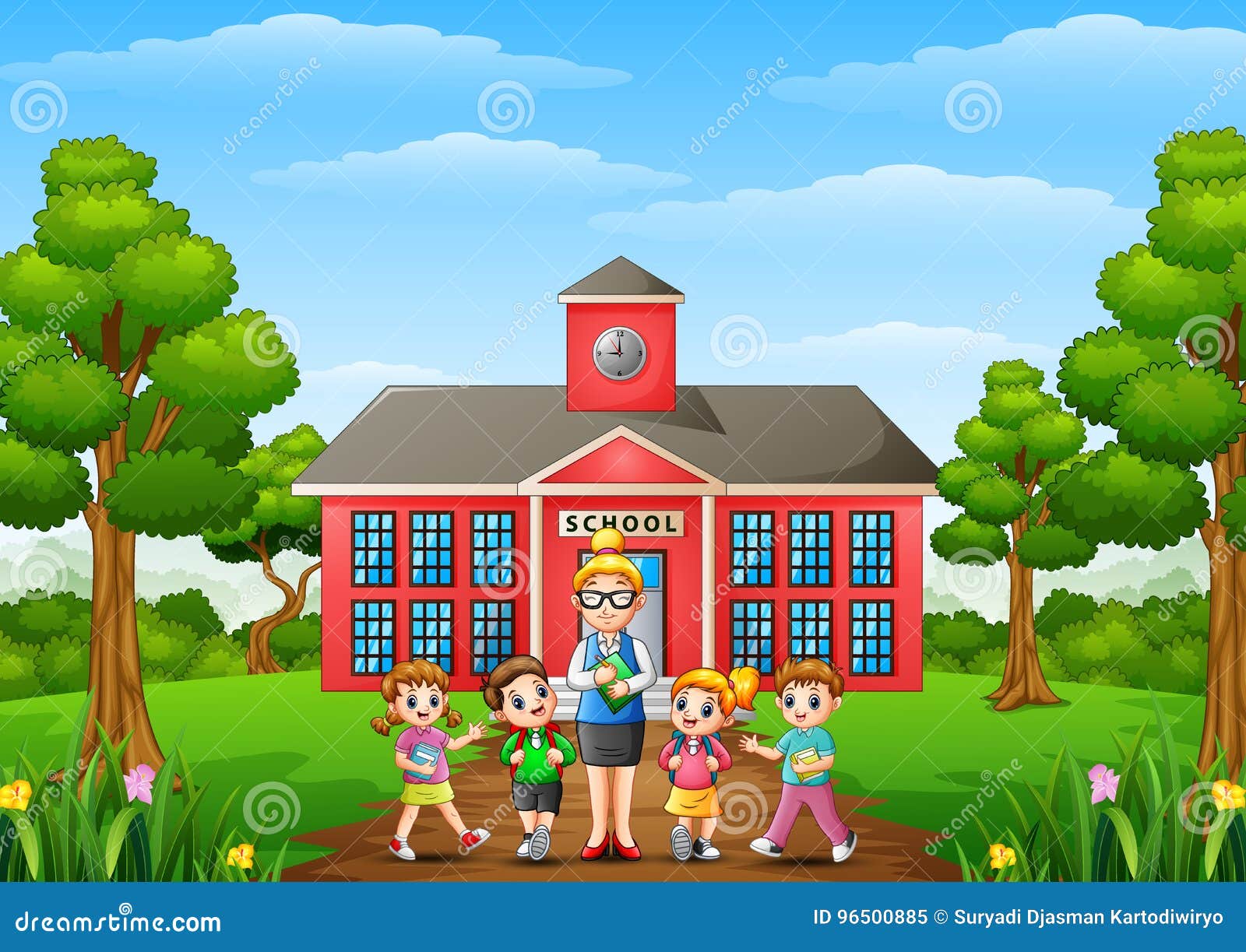 A Students and Teacher in Front of School Building Stock Vector ...