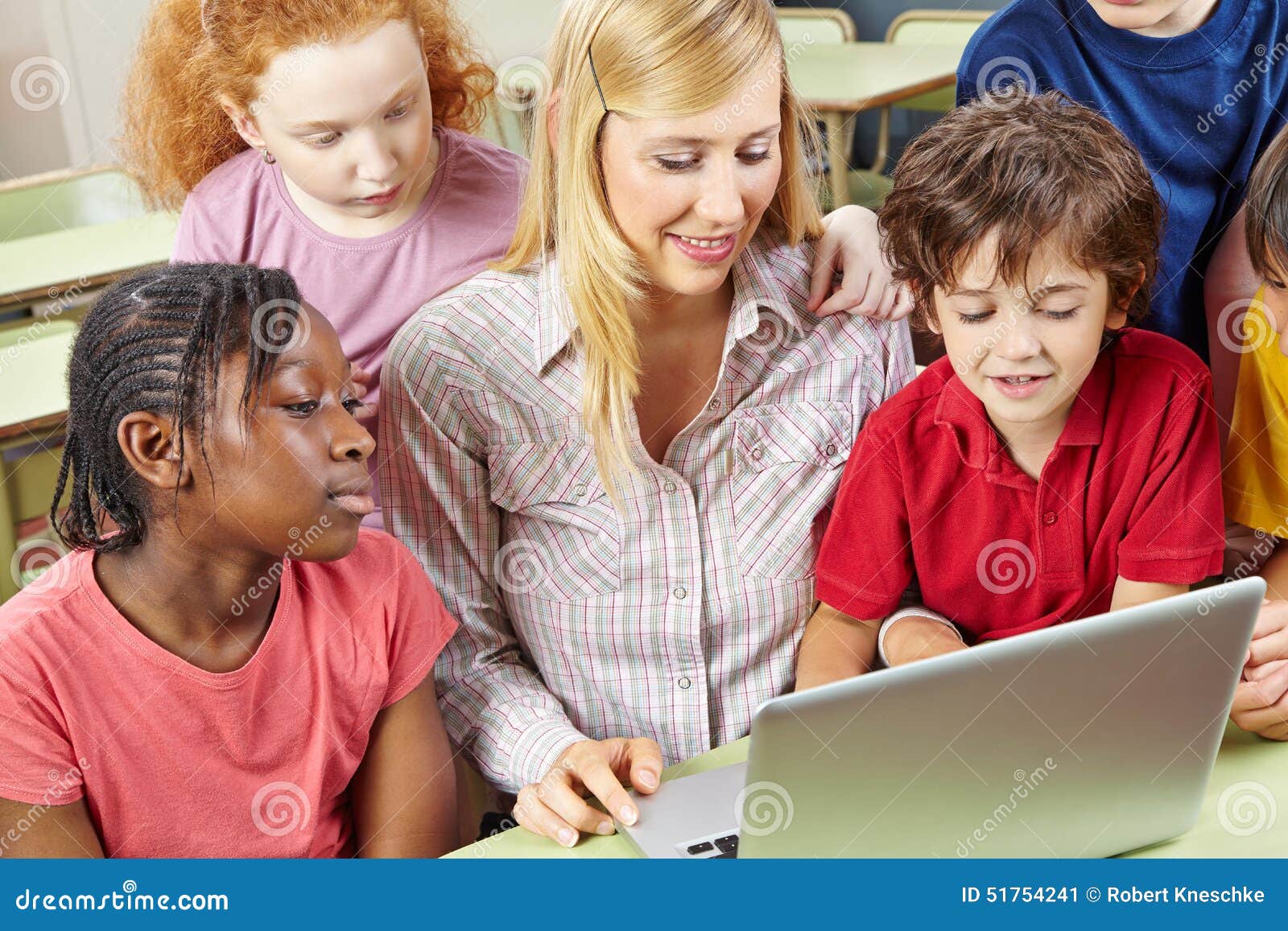 Students and Teacher Working with Laptop Computer Stock Image - Image ...