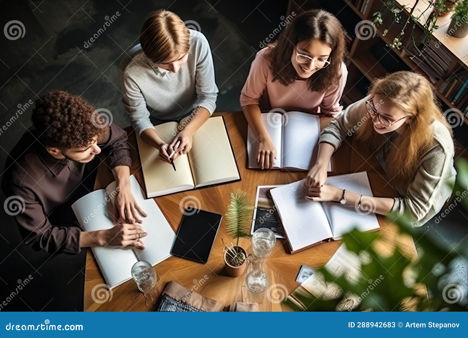 Students Team Sitting Together at Table Top View, University Student ...