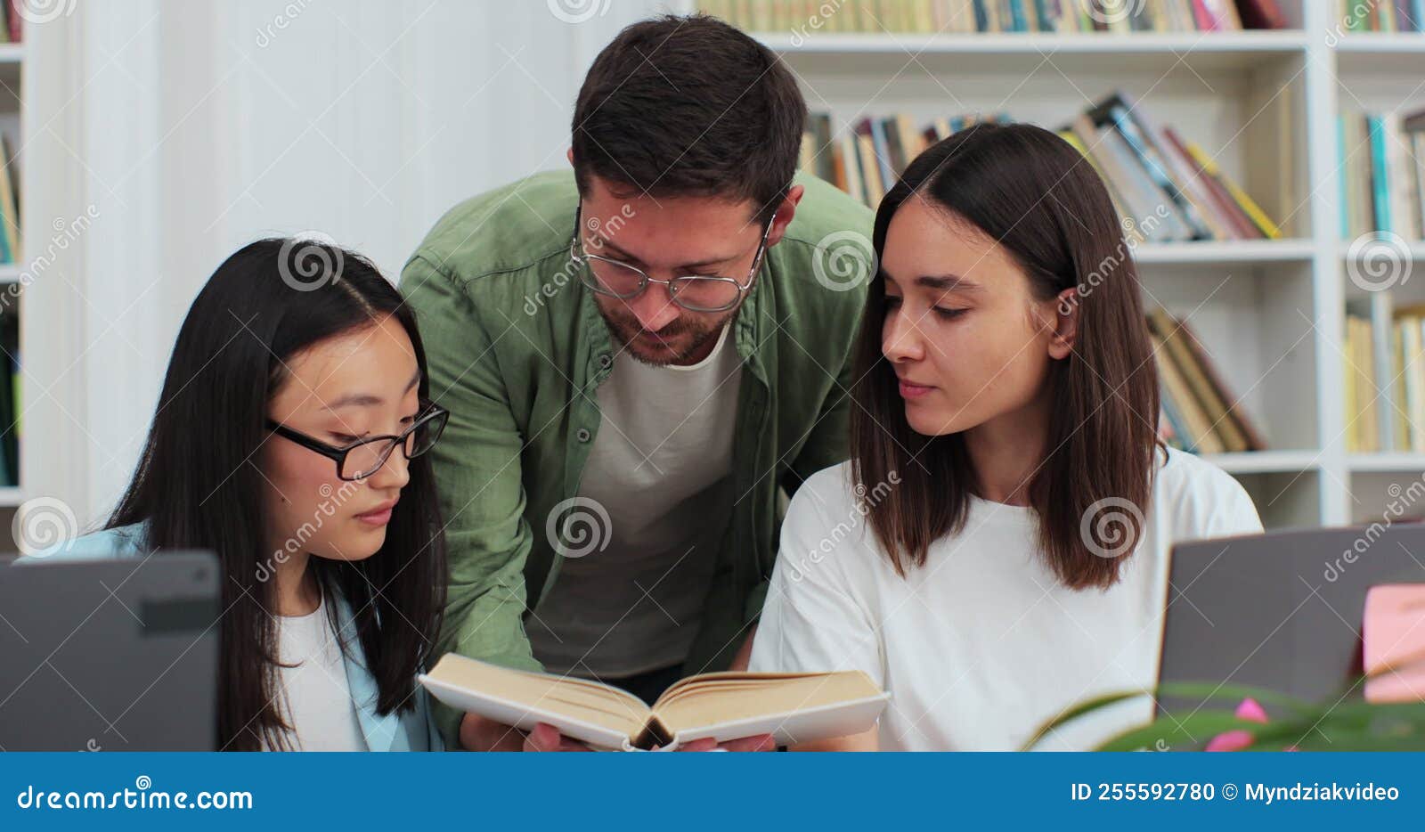 Students Team Study Together Using Laptop Prepare for Exam in Library ...