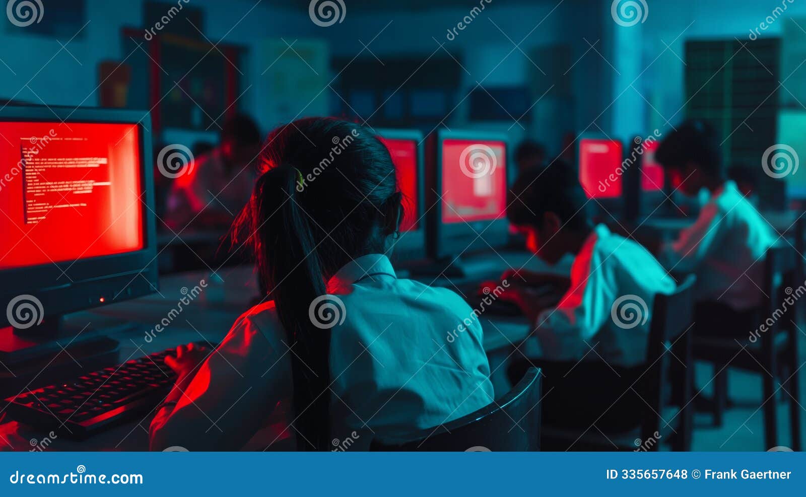 Students in Uniforms Working on Computers with Red-lit Screens in a ...