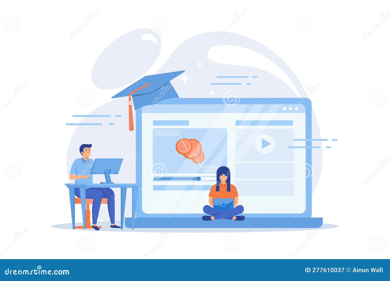 Students Using E-learning Platform Video on Laptop and Graduation Cap ... Students Using E-learning Platform Video on Laptop and Graduation Cap ...