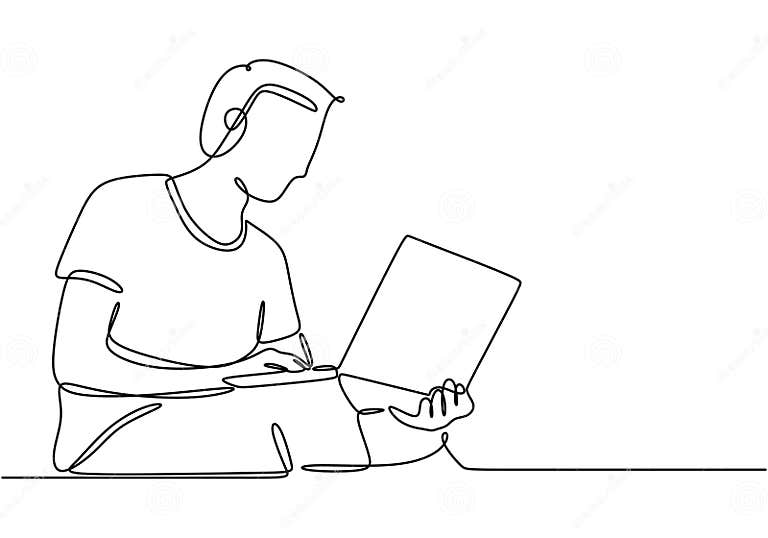 Students Using Laptops in Continuous Line Drawing. Technology in Modern ...