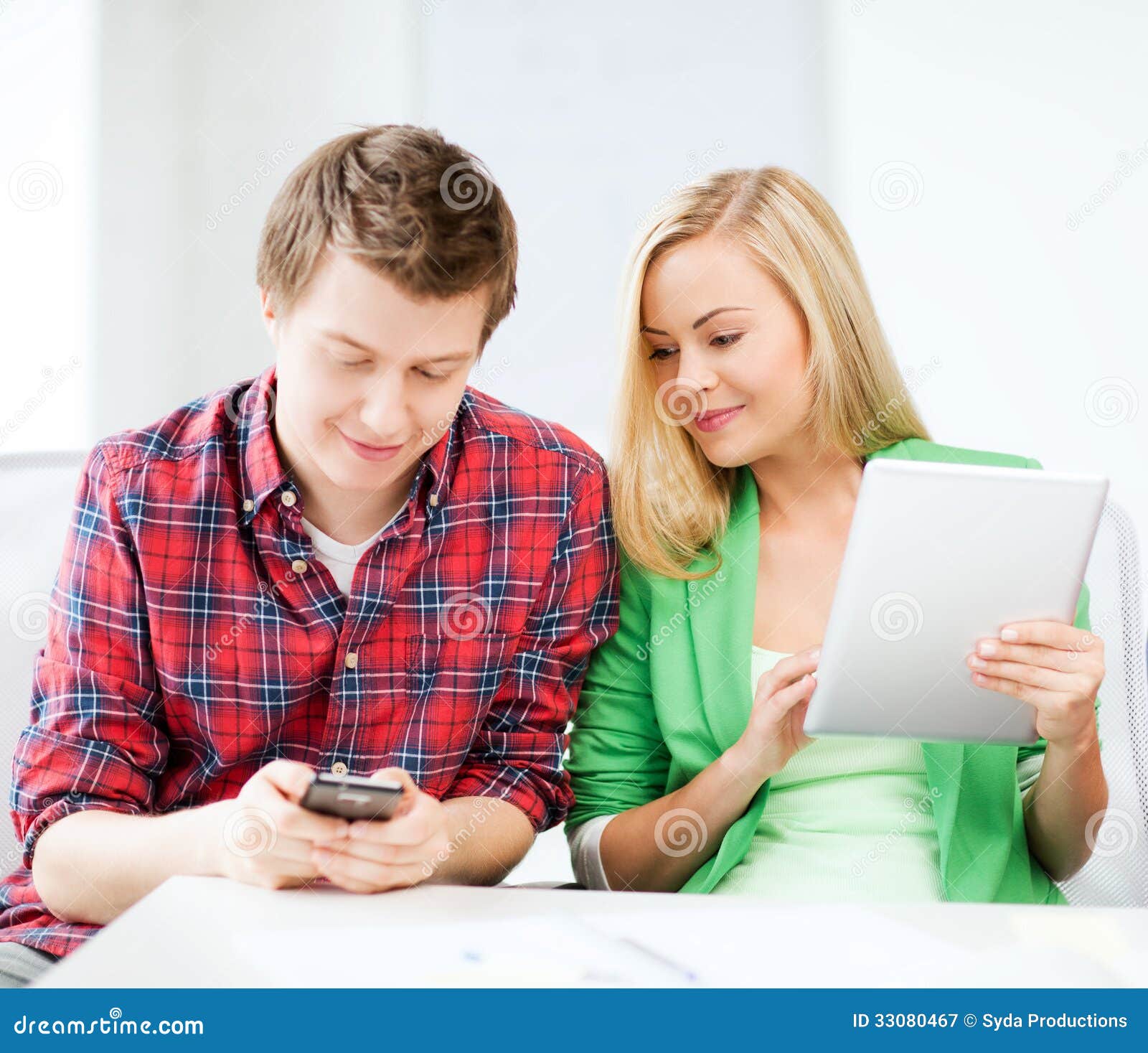 Students Using Smartphone and Tablet Pc at School Stock Image - Image ...
