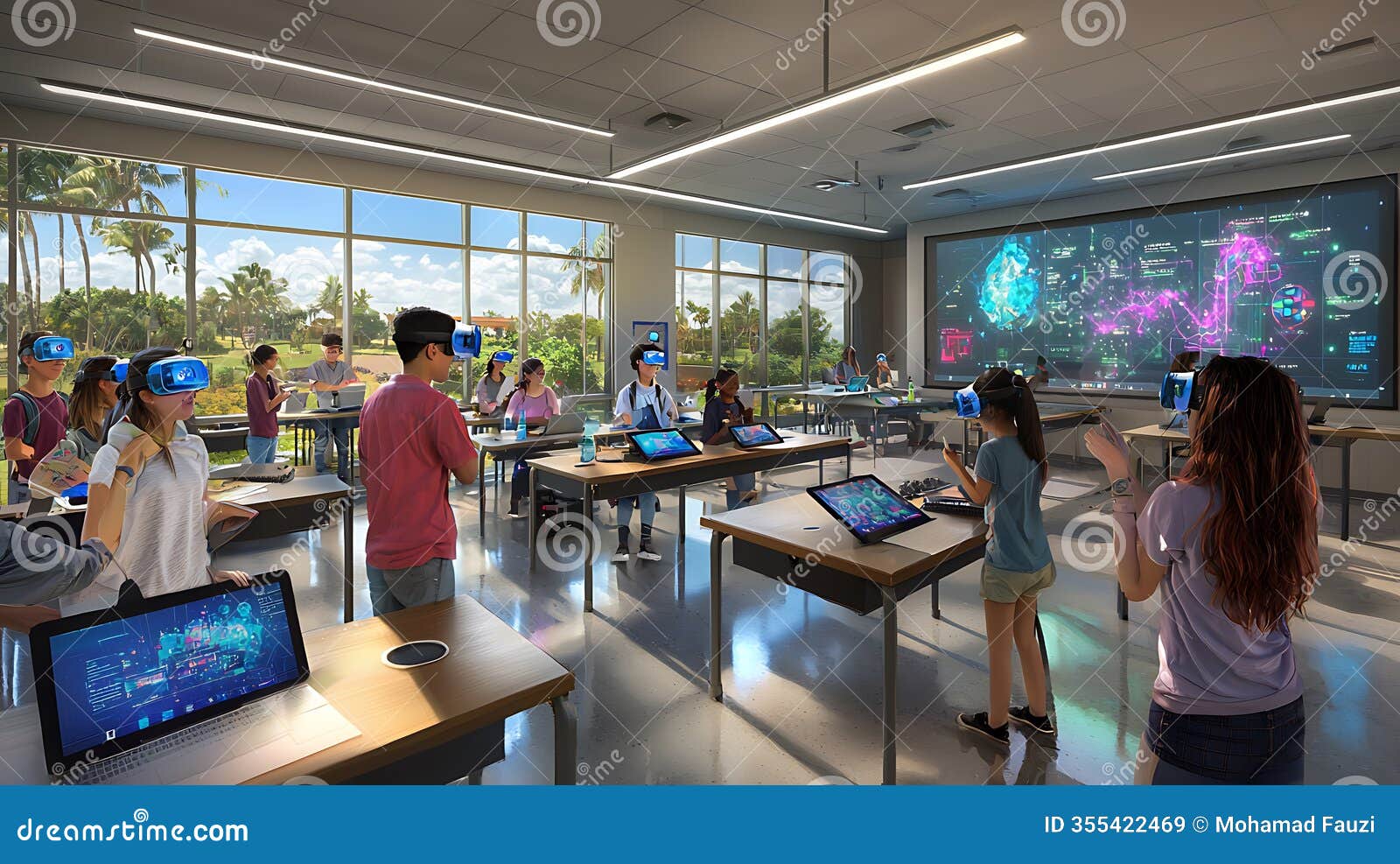 Students Using VR Headsets and Tablets in a Modern Classroom with Large ...