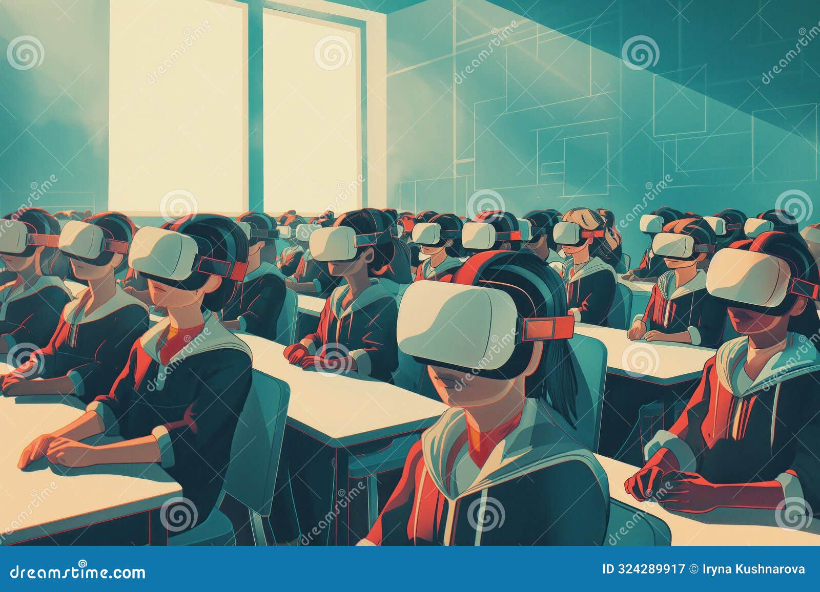 Students in VR Headsets Learn in Modern Classroom. Pupils Explore ...