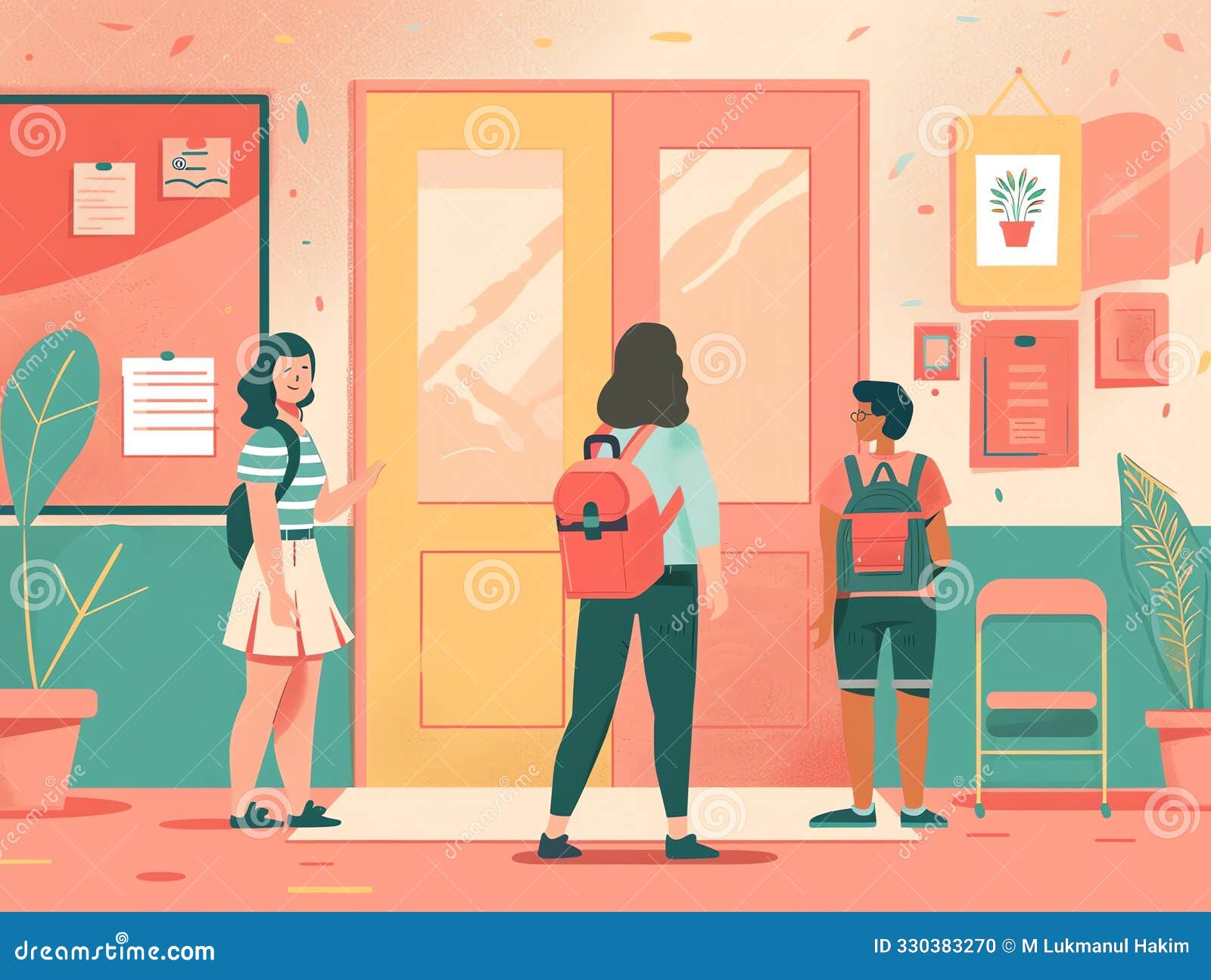 Students Waiting by Classroom Door with Backpacks in Illustration Stock ...