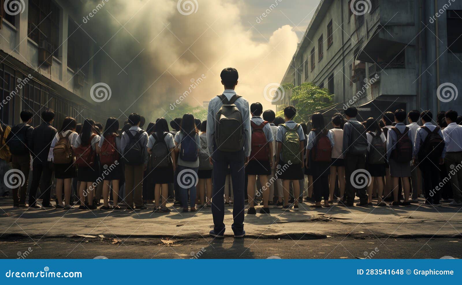 Students Waiting School Bus In City. Cartoon Pupils With Backpack, Wait ...