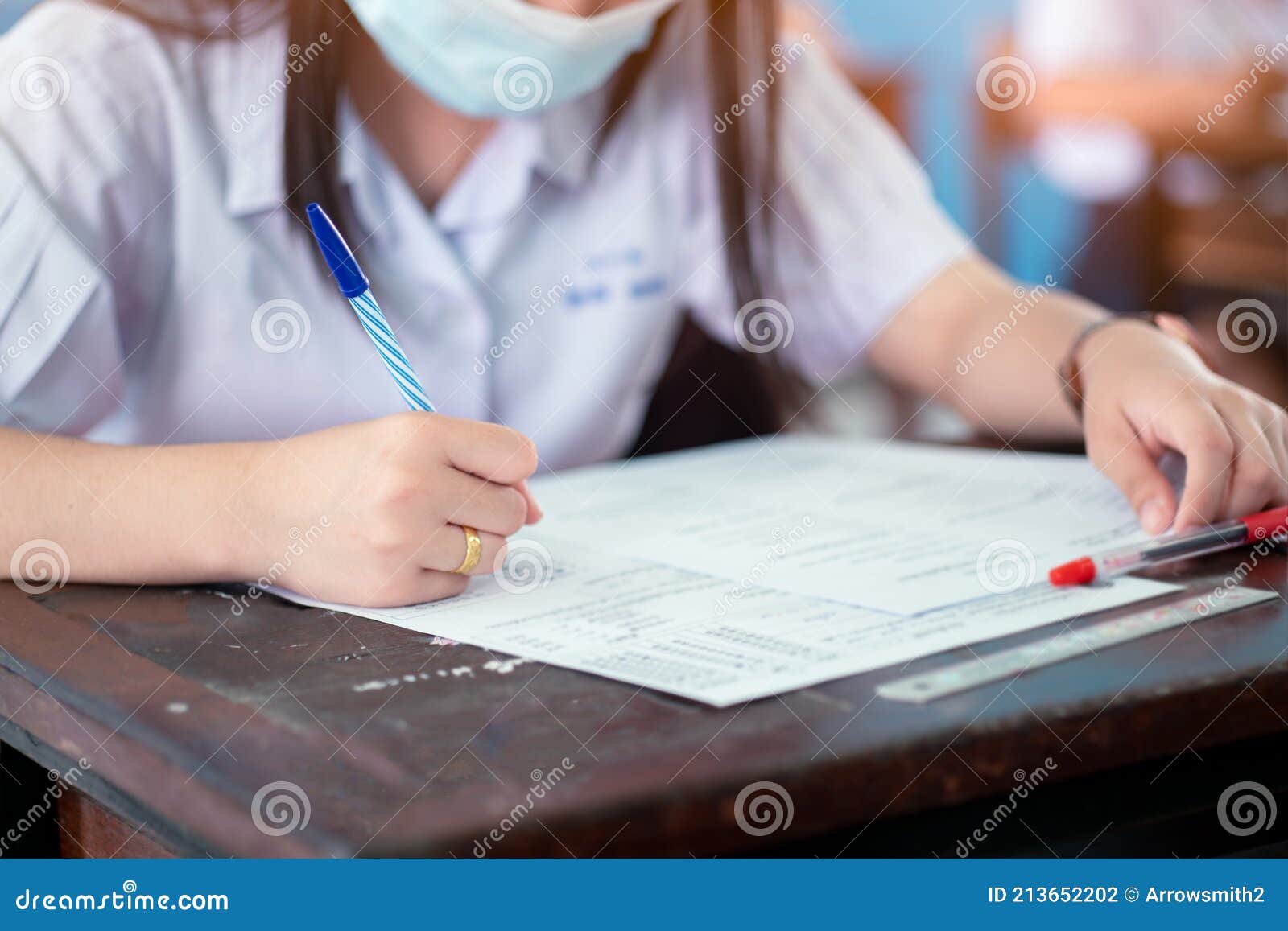 Students Wearing Face Mask for Protect Covid-19 and Doing Exam in ...