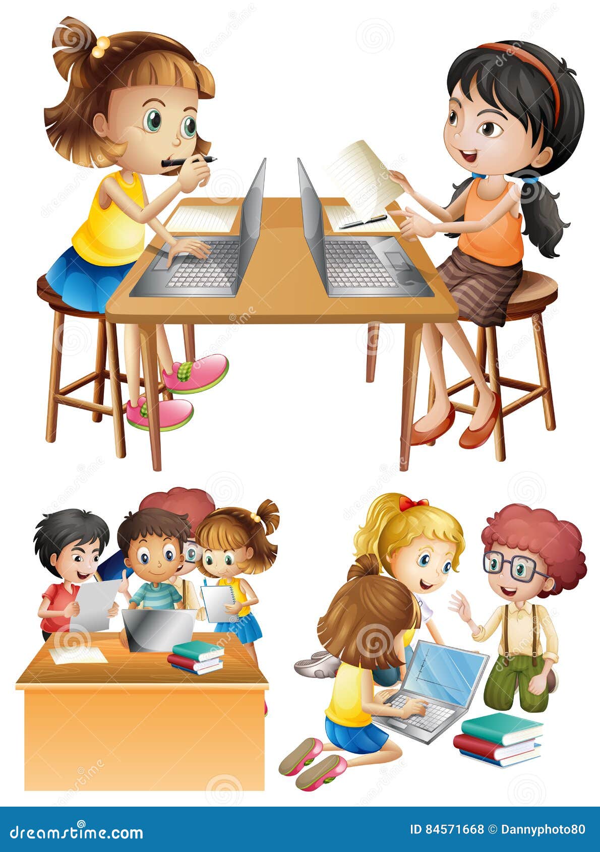 Students Working With Computer Cartoon Vector | CartoonDealer.com #85213429