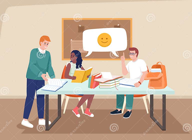 Students Working Together upon Project Flat Color Vector Illustration ...