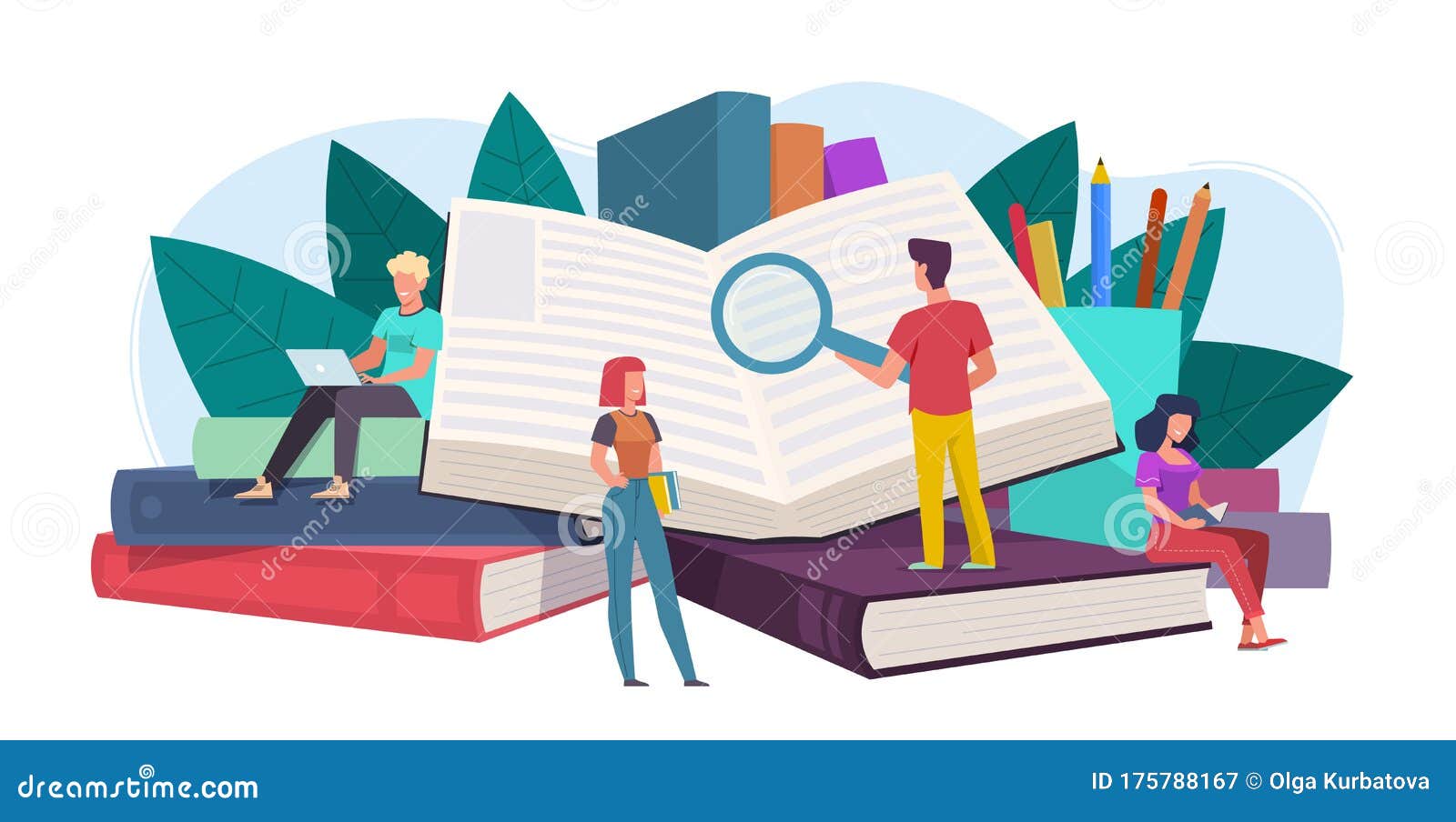 Students. Young People Readers Sitting, Lying on Giant Books Stack ...