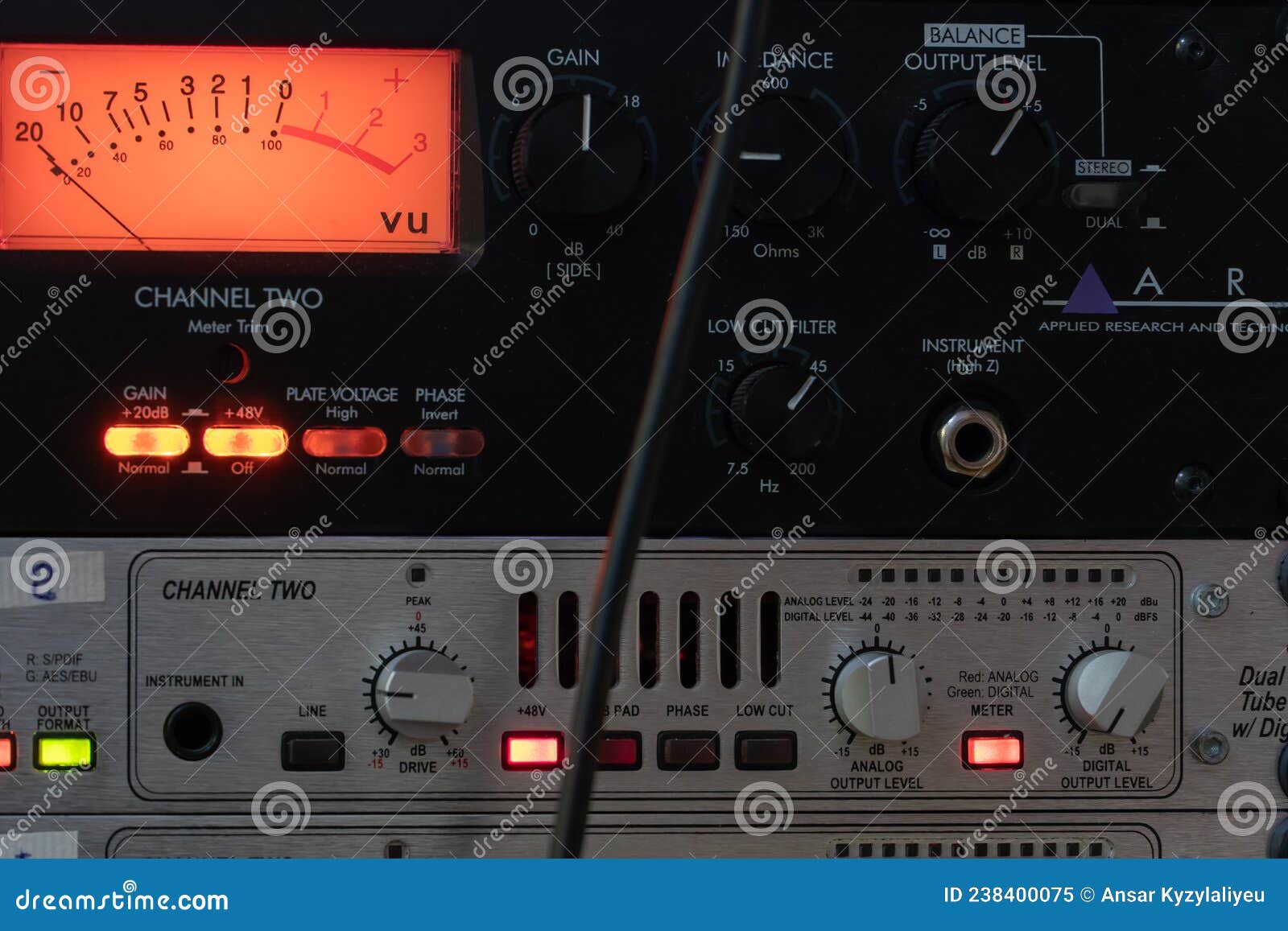 Studio Amplifier Close-up with Sliders and Knobs. Recording Studio ...