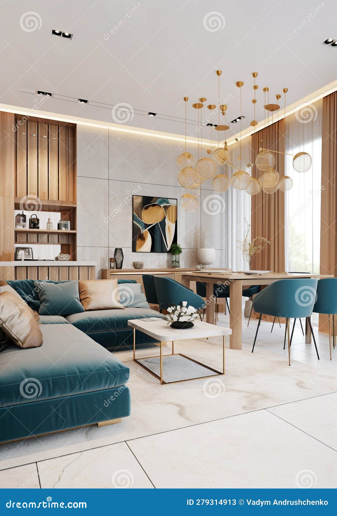 Studio Apartment with Blue Sofa and Chairs. Interior Design of Modern ...