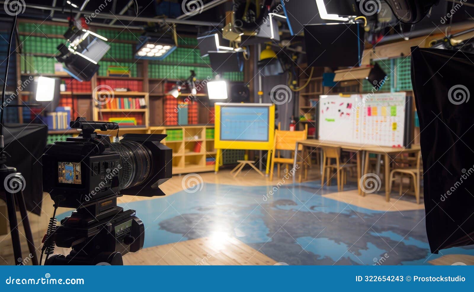 Studio Camera Setup with Lights and Classroom Set Stock Image - Image ...