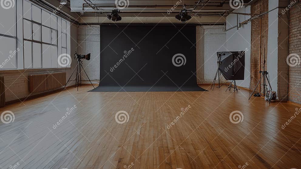 A Studio Featuring a Black Backdrop and Camera Gear Stock Photo - Image ...