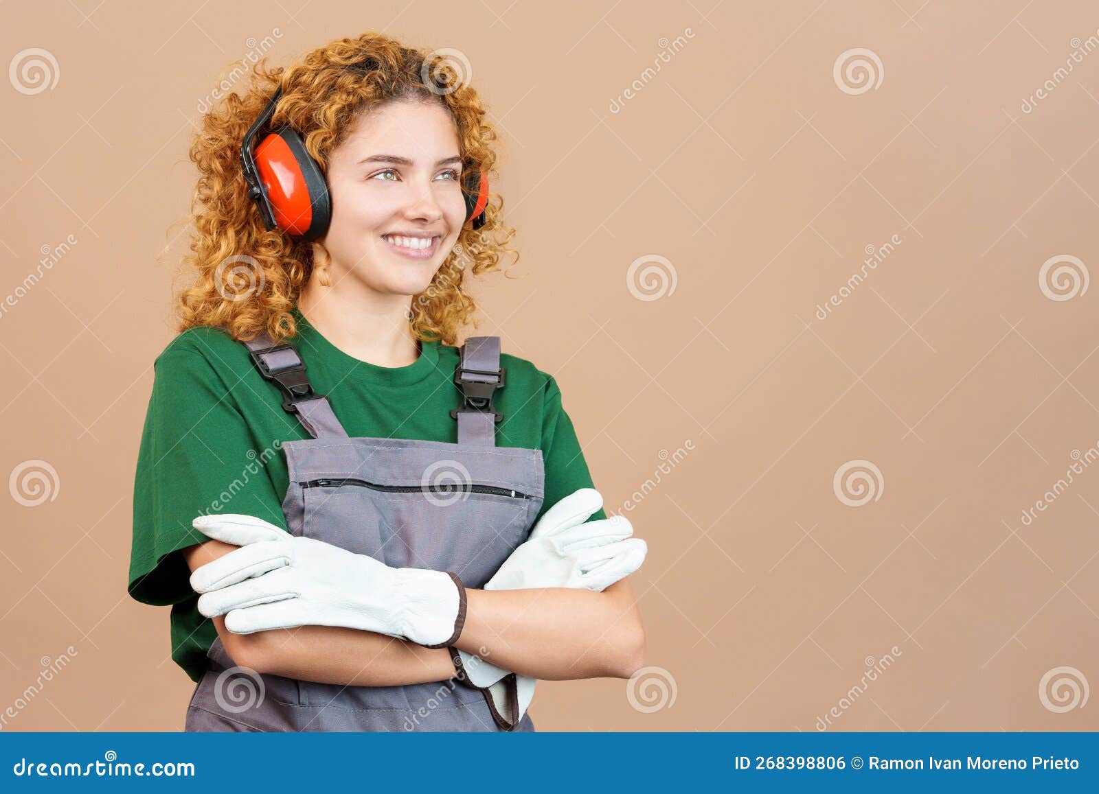 Distracted Woman Carpentry Worker with Tools and Work Uniform Stock ...