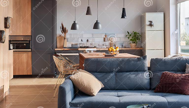Studio Interior with Couch and Dining Area, Cooking Space with ...