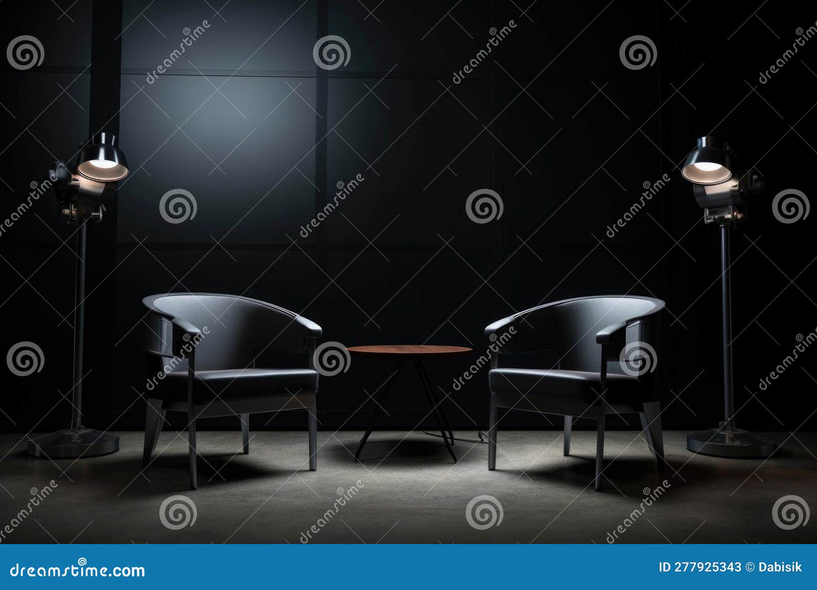 Podcast Room Interior with Two Empty Chairs and Spotlights. Generative ...