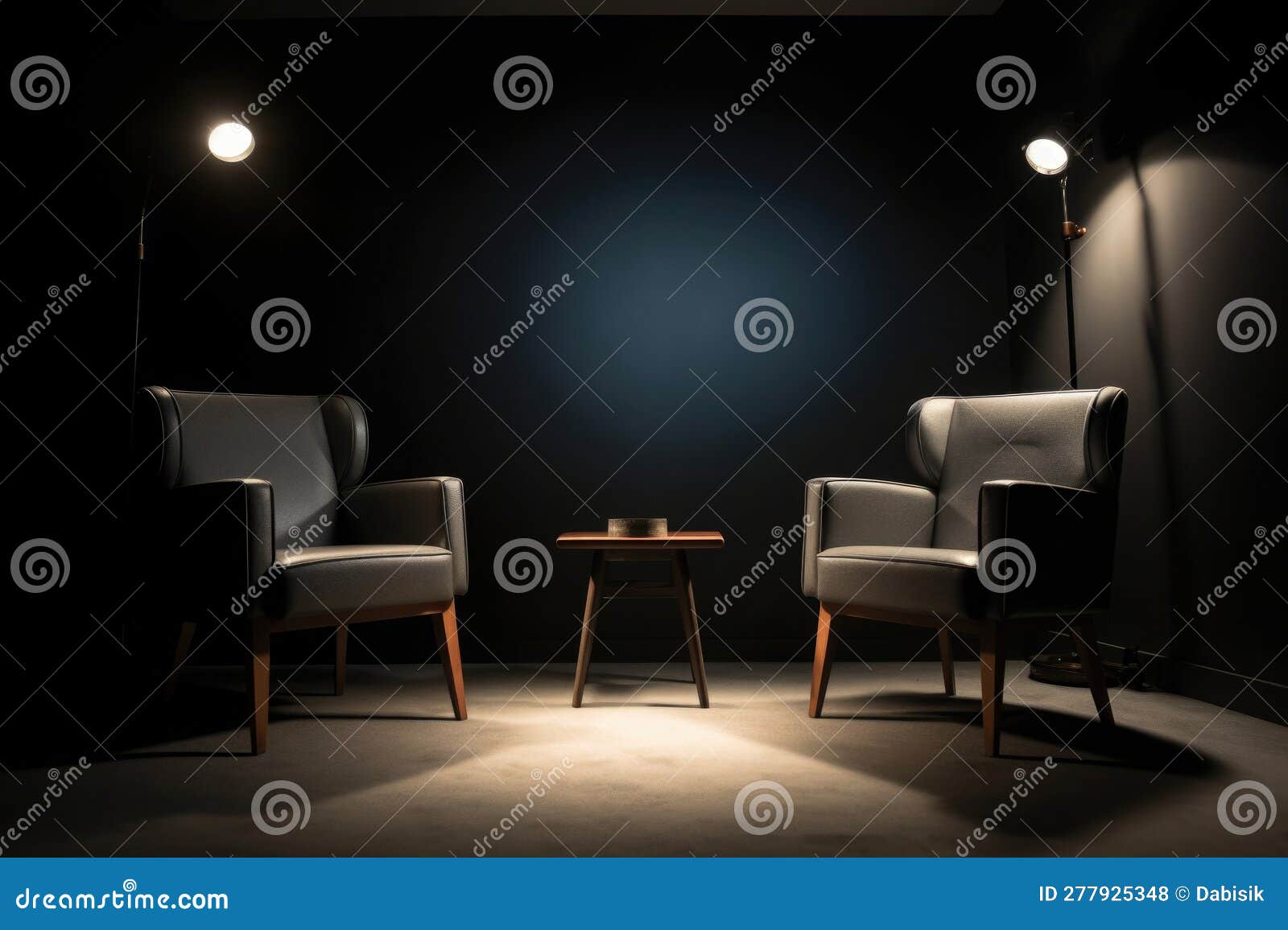 Podcast Room Interior with Two Empty Chairs and Spotlights. Generative ...