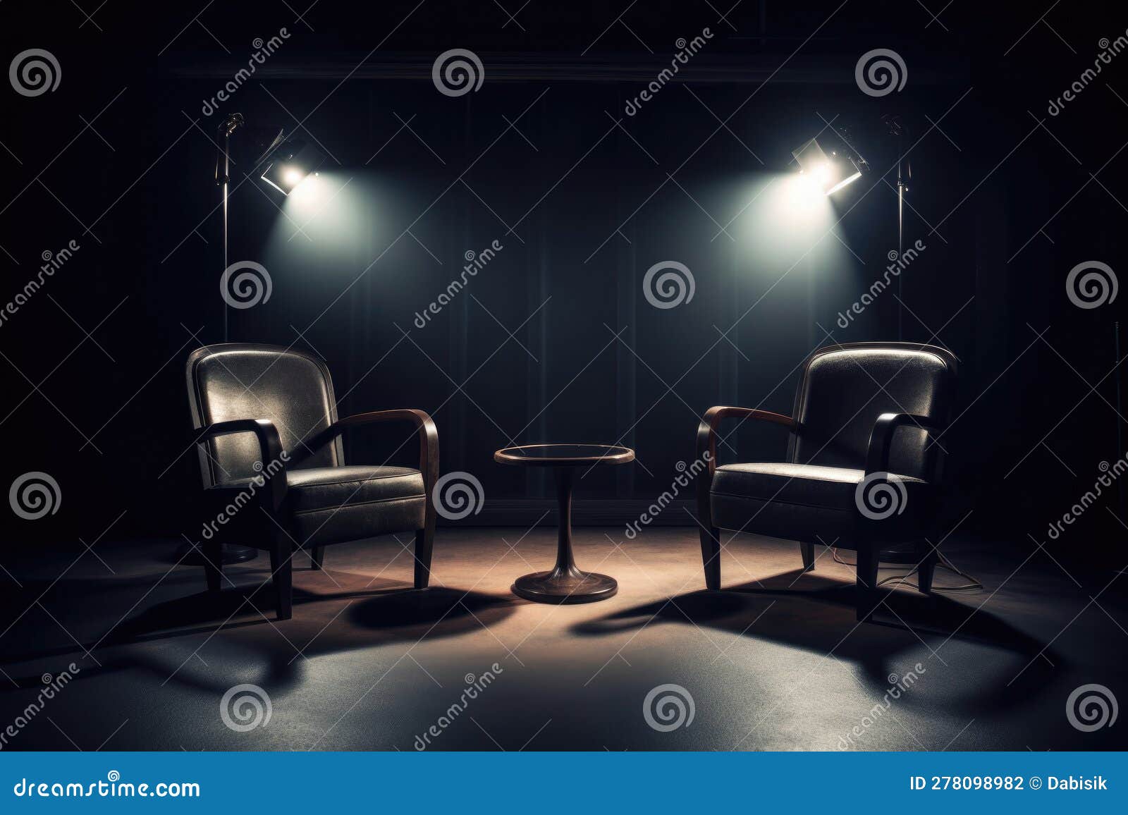 Podcast Room Interior with Two Empty Chairs and Spotlights. Generative ...