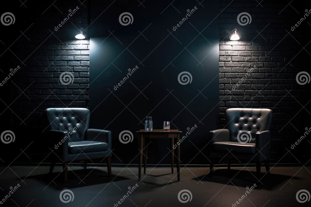 Podcast Room Interior with Two Empty Chairs and Spotlights. Generative ...