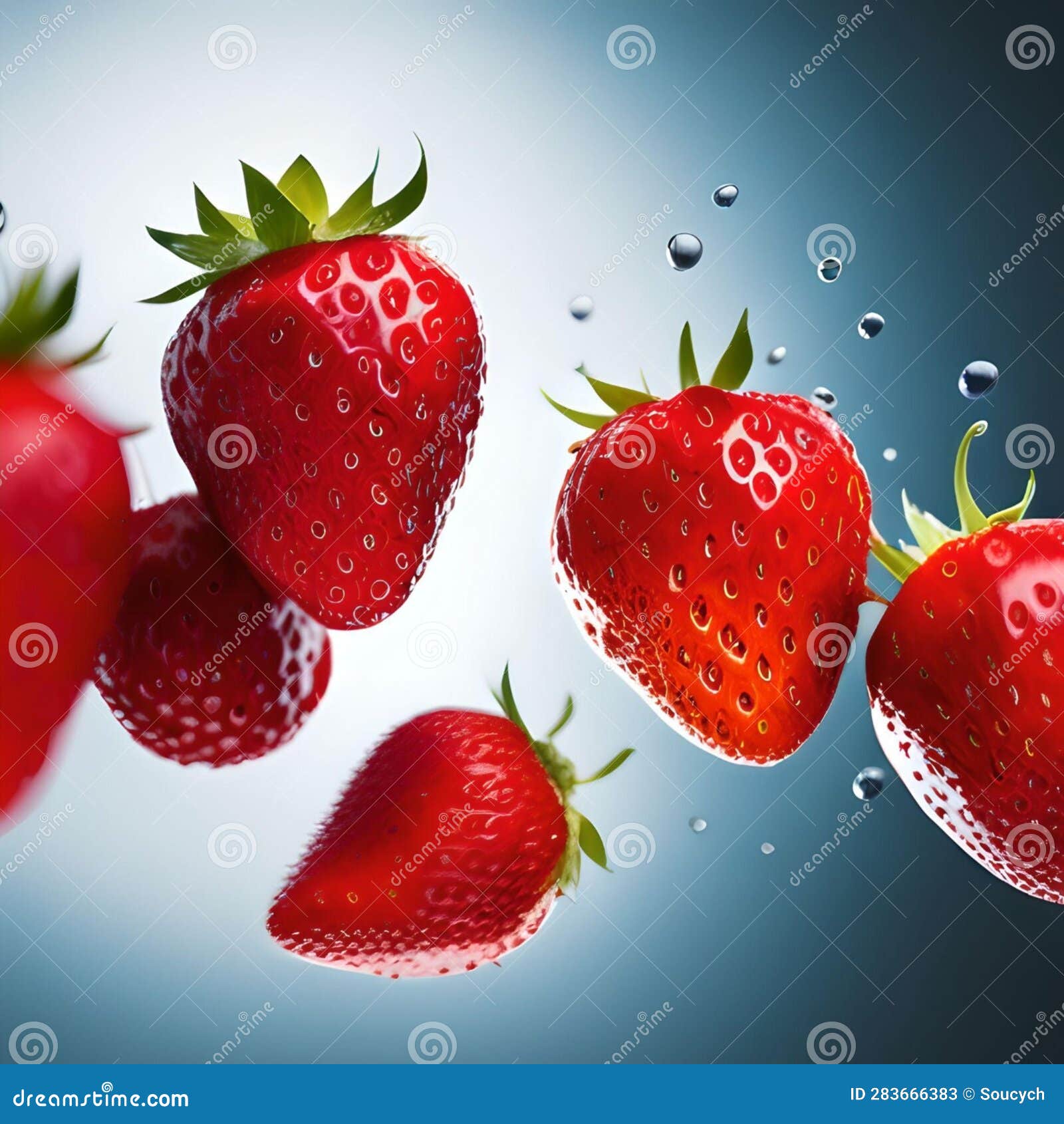 Studio Lit Strawberries Falling in the Air with Drops of Water Stock ...