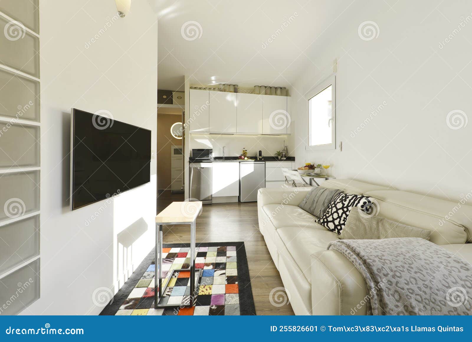 Studio Living Room with White Leather Sofa, Open Plan Kitchen, Light ...