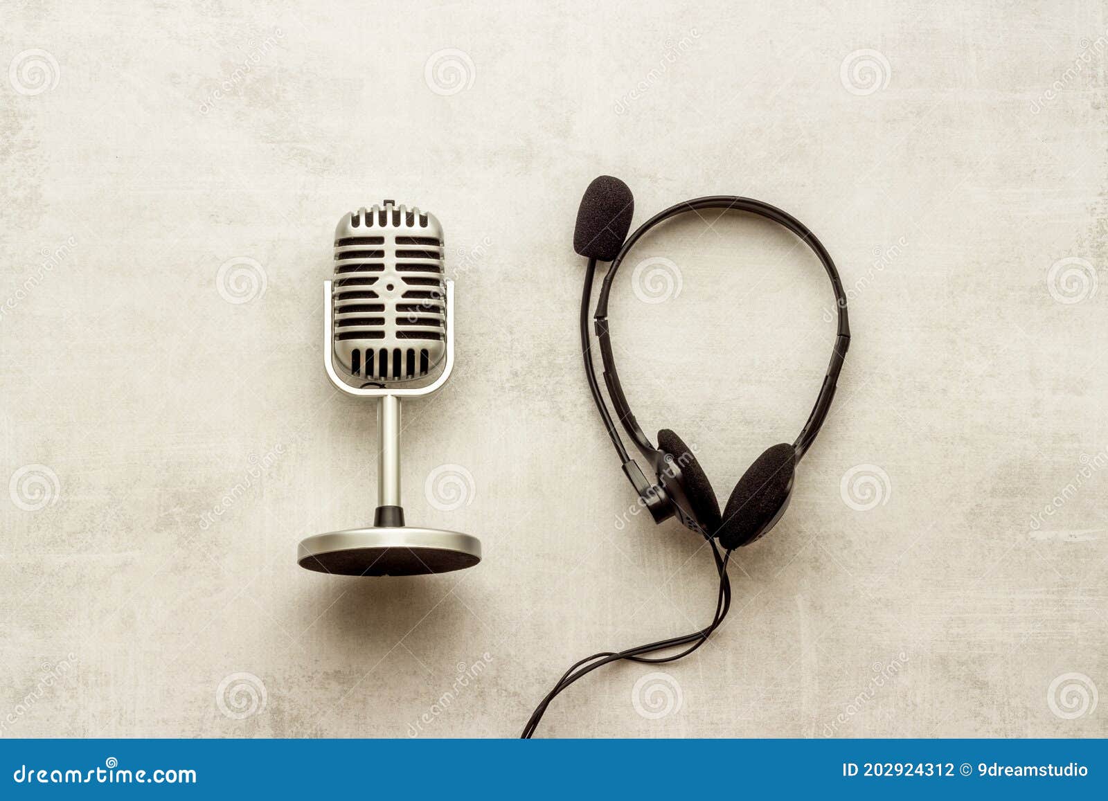 Studio Microphone and Headphones, Top View. Recording Podcast and ...