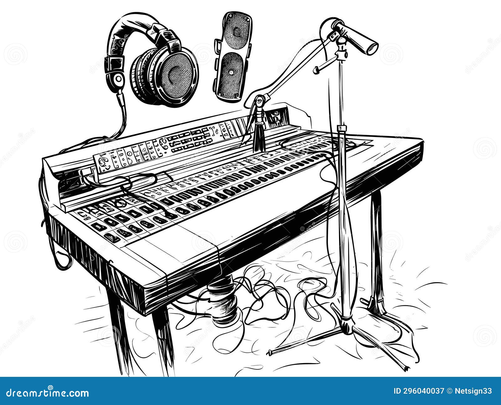 Studio Microphone and Mixing Console in Hand-drawn Style Stock ...